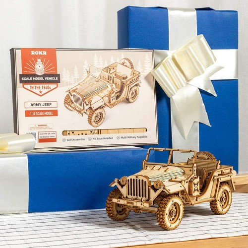 ROKR Army Jeep 3D Wooden Puzzle Mechanical Model Kits Building Toys ...
