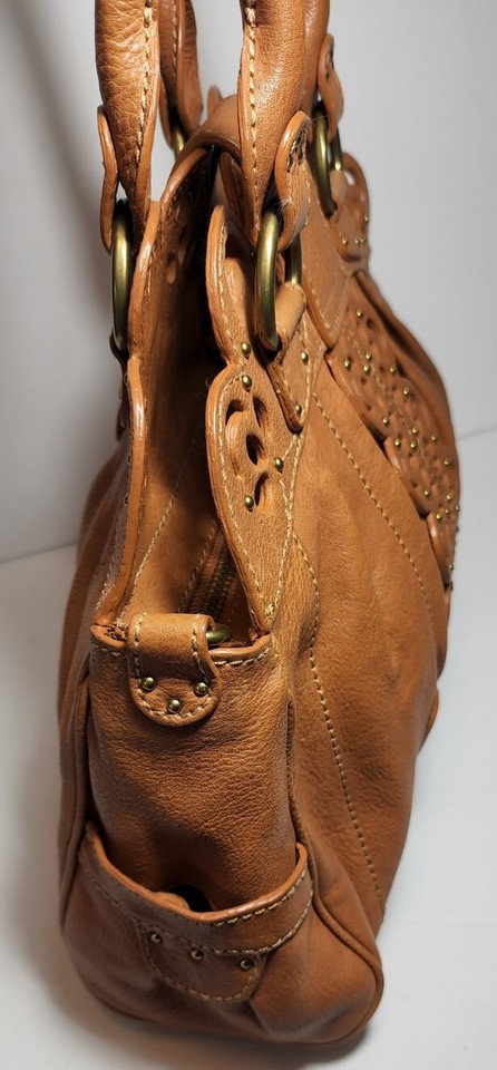 LOCKHEART CUT IT OUT CANDACE BROWN LEATHER LACE STUDDED HANDBAG W/COIN ...