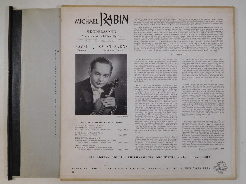 MICHAEL RABIN Mendelssohn Violin Concerto ANGEL LP 35572 EX UK dowel ...