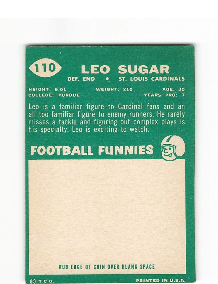 1960 TOPPS FOOTBALL LEO SUGAR #110 ST LOUIS CARDINALS HIGH GRADE LOOKS ...