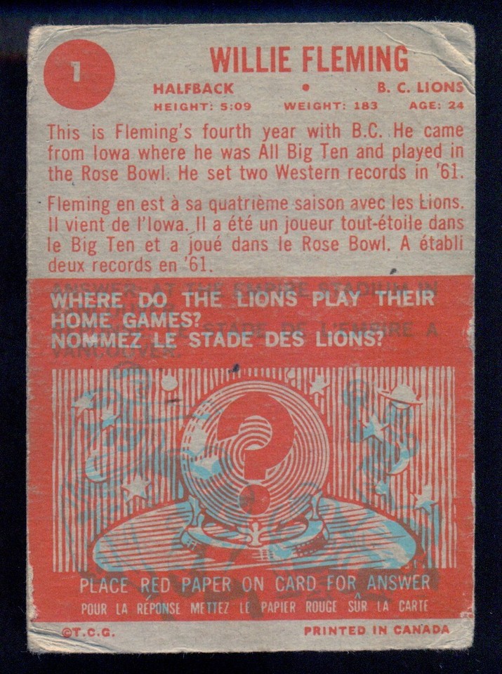 1963 TOPPS CFL FOOTBALL #1 willie fleming VG VANCOUVER B C LIONS Iowa ...