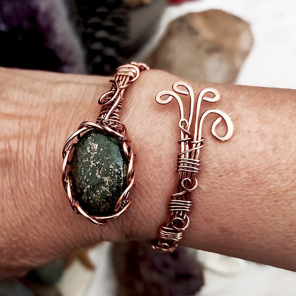 Green Lapis Lazuli Crystal Wire Wrapped Copper Cuff - Unique Handmade ...