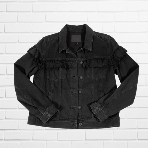 PAIGE Womens Jean Jacket M Black Denim Ruffle Frayed Heidi Western ...