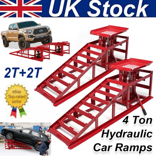 2 x Heavy Duty Metal Car Ramp Lift Height Adjustable 4Ton Hydraulic ...