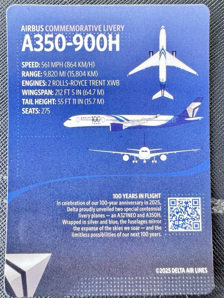 Delta Air Lines Trading Card Limited Edition 100 Year Anniversary. A350 ...