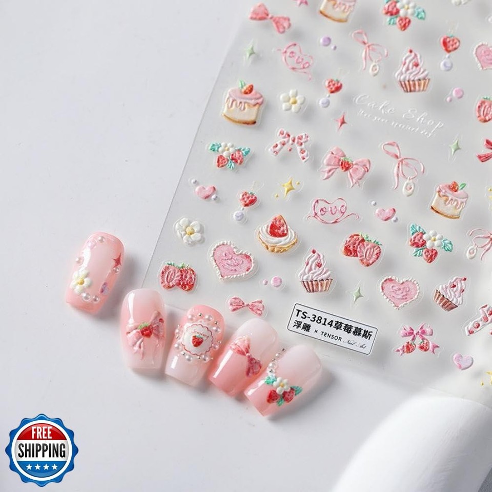 5D Embossed Pink Nail Stickers for Nail Art Cake Strawberry Bow N | eBay