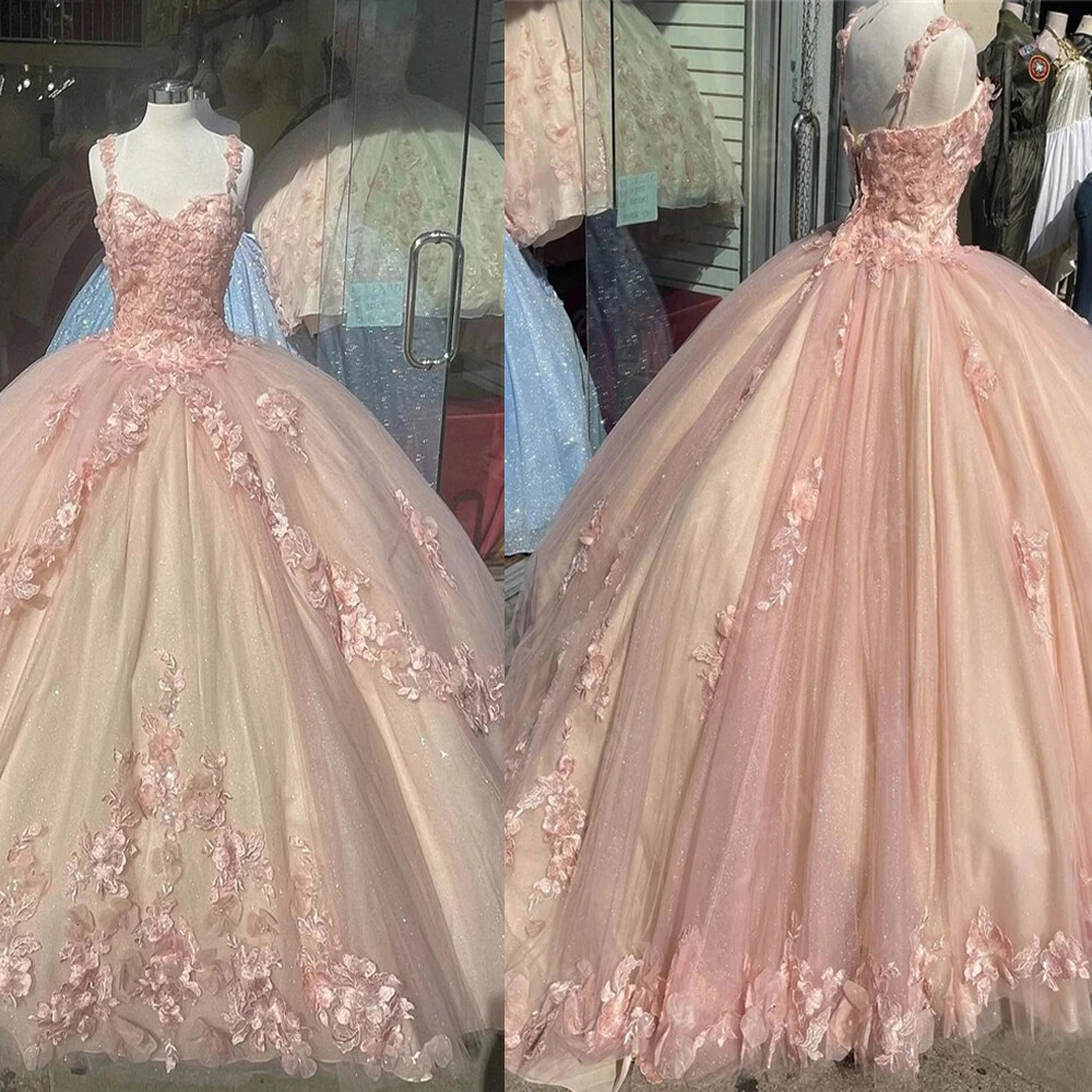Pink Quinceanera Dresses 3D Flowers Tulle Sweet 15 16 Pageant Party ...