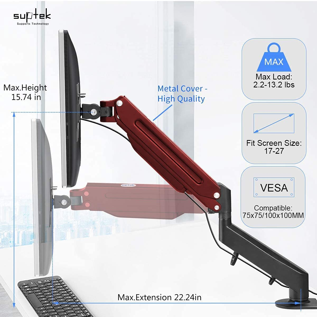 Single Monitor Arm, Monitor Arm Gas Spring for 17-27Inch Curved Screens ...