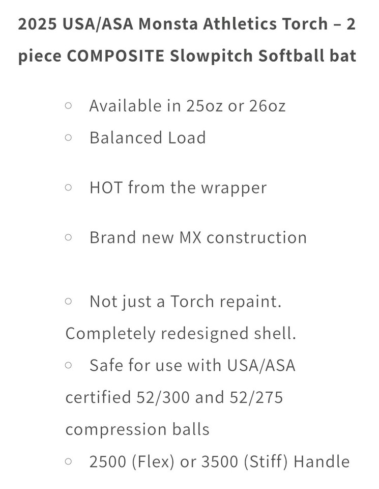 NIW 2025 Monsta Torch Balanced ASA/USA 2-piece Slowpitch Softball Bat ...