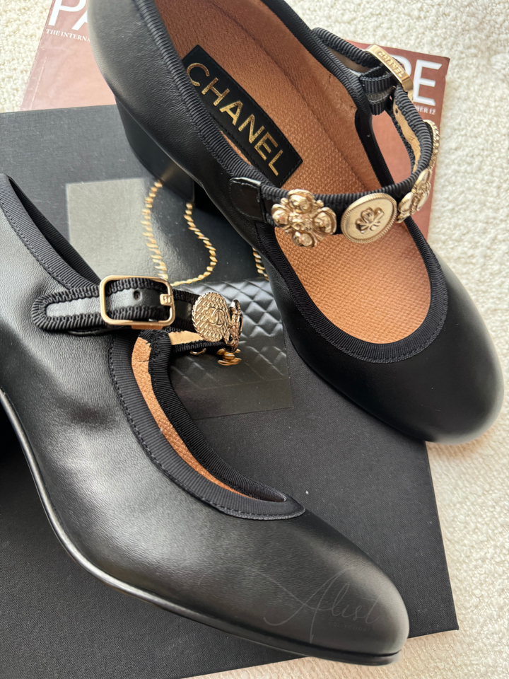 Chanel 24A Metiers D’art Black Leather Mary Jane Heels Gold Charms ...