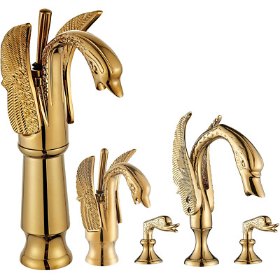 Bathroom Gold Swan Shape Basin Sink Faucet Waterfall Vanity Mixer Tap ...