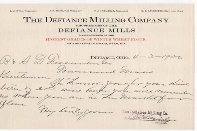 1906 DEFIANCE OHIO MILLING CO WINTER WHEAT FLOUR GRAIN FEED ETC ...