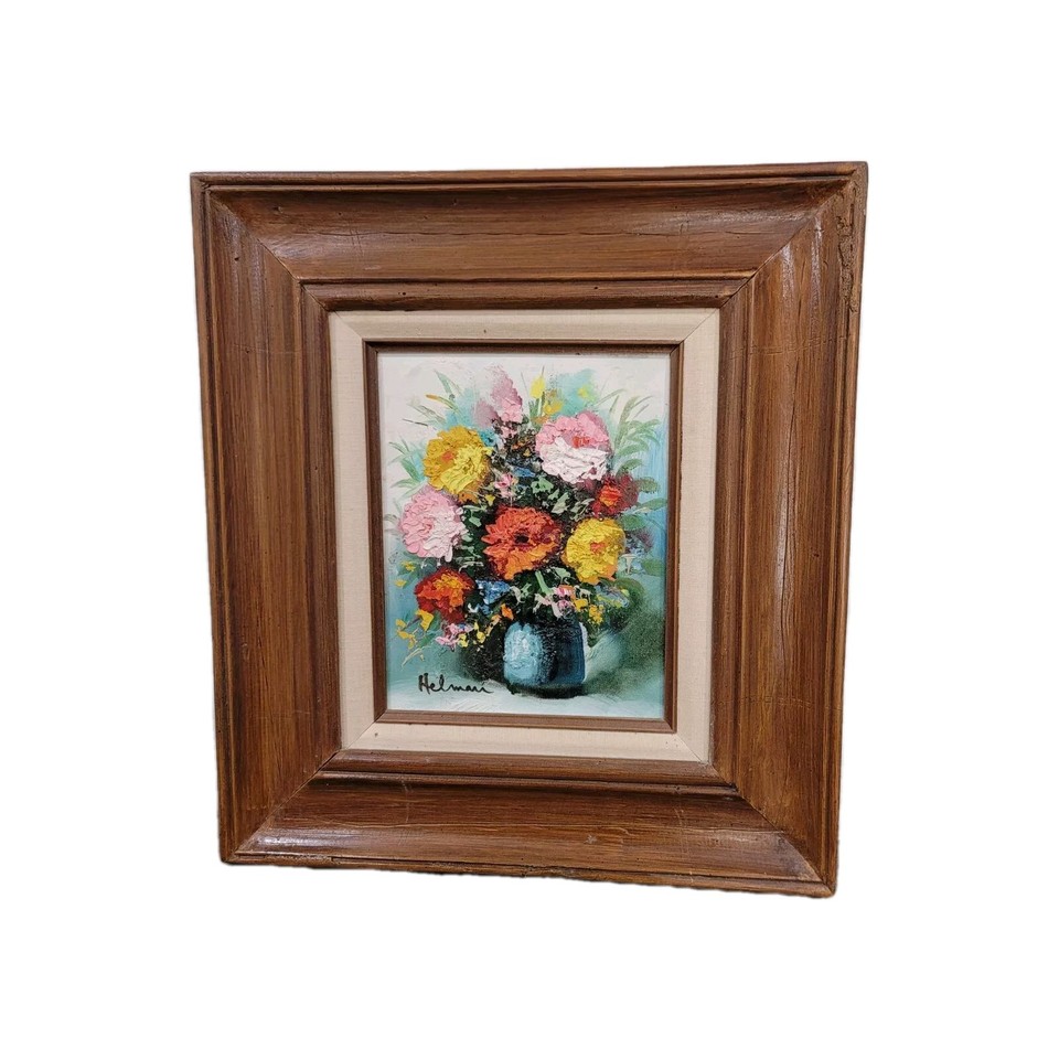 Vintage Floral Still Life Impasto Oil Painting On Board Signed Helman ...