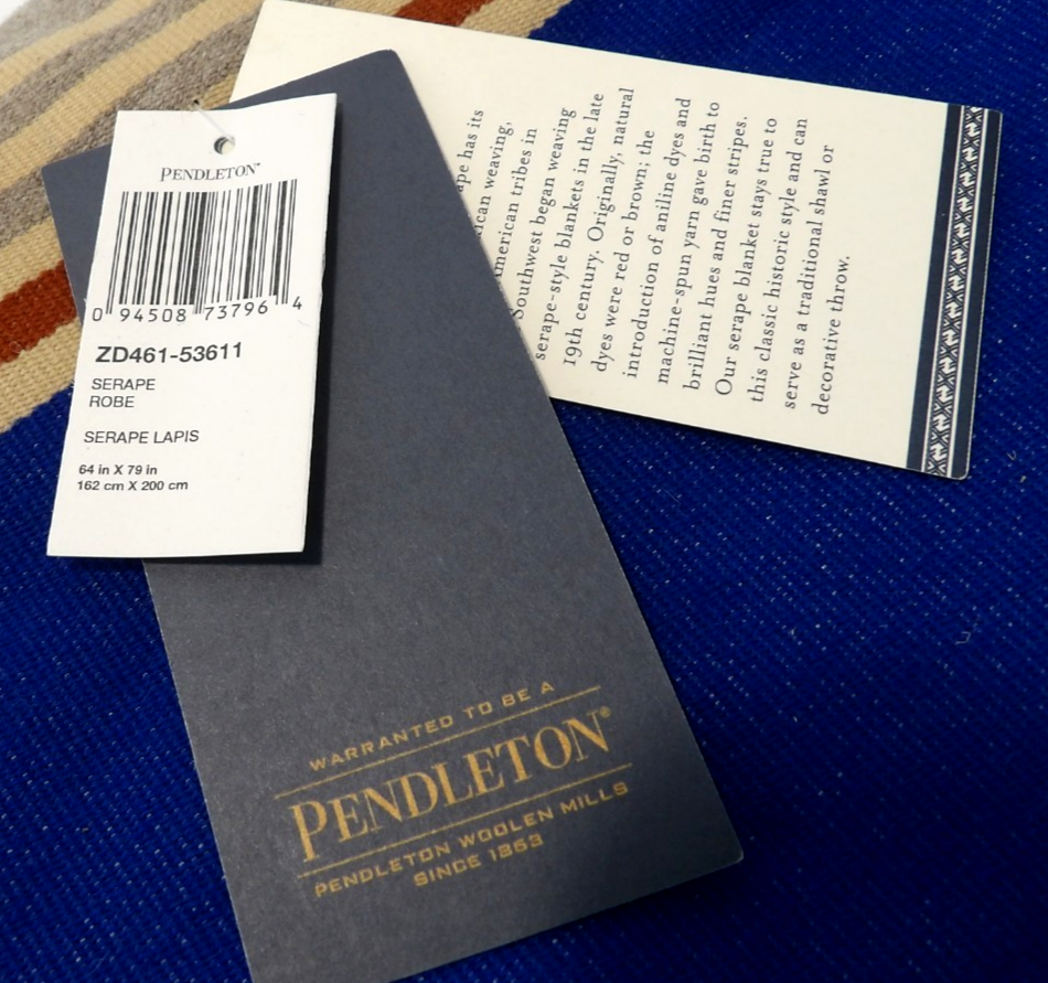 Pendleton Serape Robe Wool Blanket Striped 64"x79" Lapis & Orange USA ...