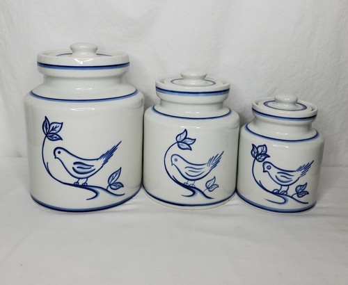 Hand Painted Portugal Bird Canisters Cobalt Blue White Crocks Set 3 ...