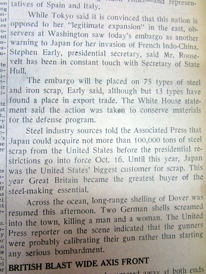 1940 newspaper US BANS STEEL EXPORTS to JAPAN before the ATTACK on ...
