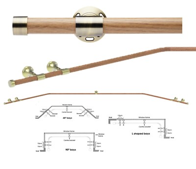 28mm Bay pole, 400cm Metal pole Woodgrain finish, Antique brass 3 sided ...