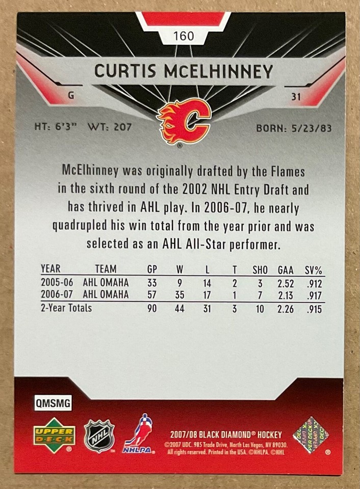 2007-08 CURTIS MCELHINNEY UD BLACK DIAMOND TRIPLE ROOKIE CARD #160 ...