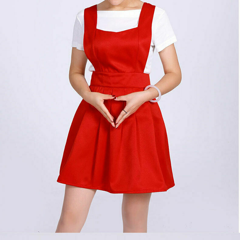 Lady Bib Apron Solid Pocketed Pleated Waitress Uniform Home Workwear ...