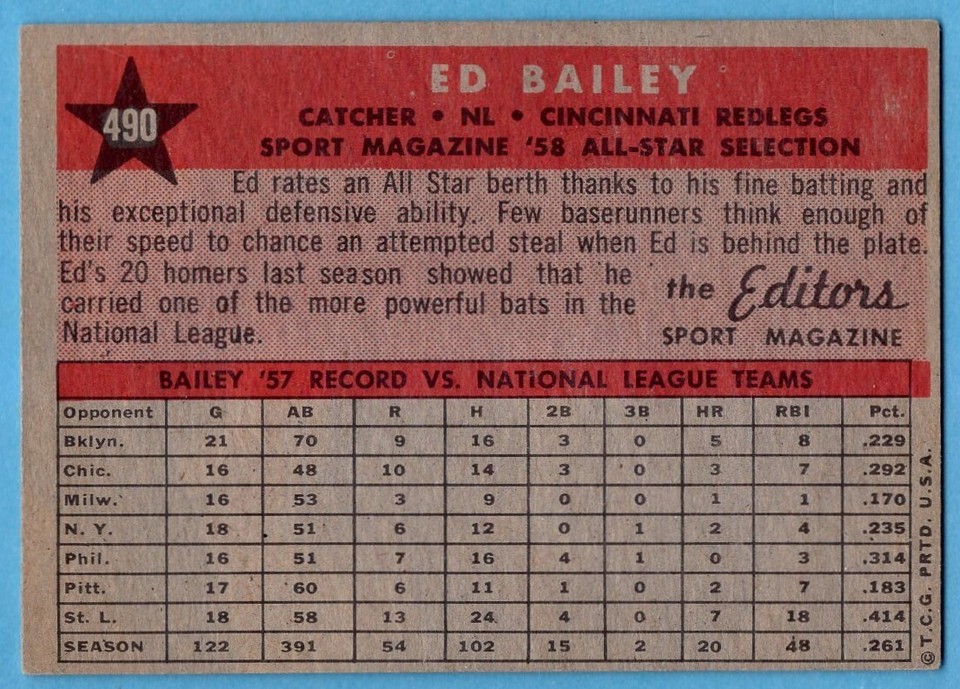 1958 Topps #490 Ed Bailey EX-EXMINT All-Star Cincinnati Reds Giants ...