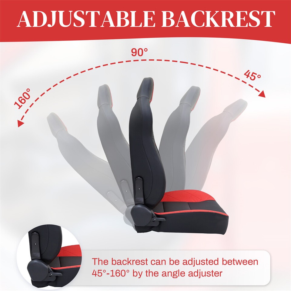 1 Pair Black+Red Racing Seats PU Leather Reclinable Sport Bucket with 2 ...