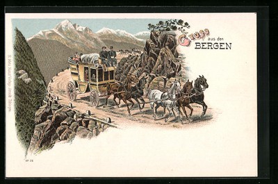 Lithographie Ober-Engadin, Postkutsche in den Alpen, Postillon | eBay