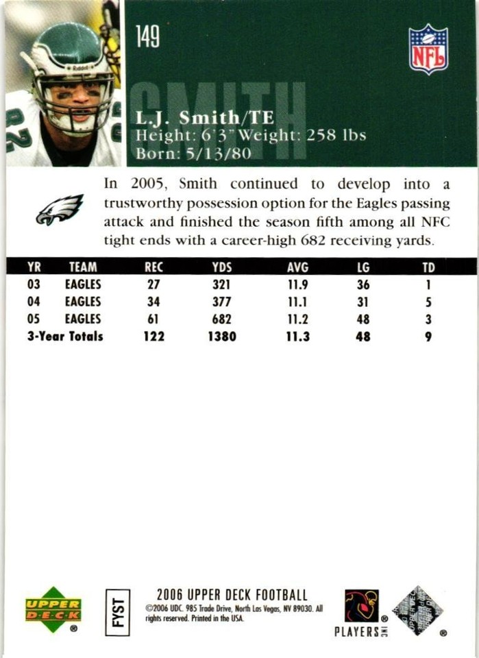 2006 UPPER DECK FOOTBALL L.J. SMITH #149 CARD $0.99 VALUE BOX | eBay