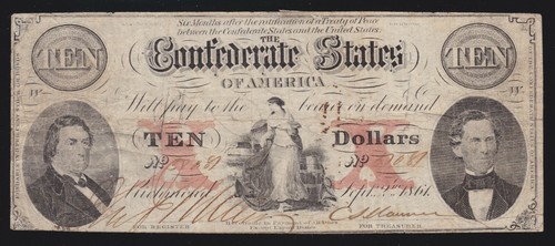 US CSA T-26 1861 $10 Confederate States Bank Note (PF-7) F-VF Cut ...