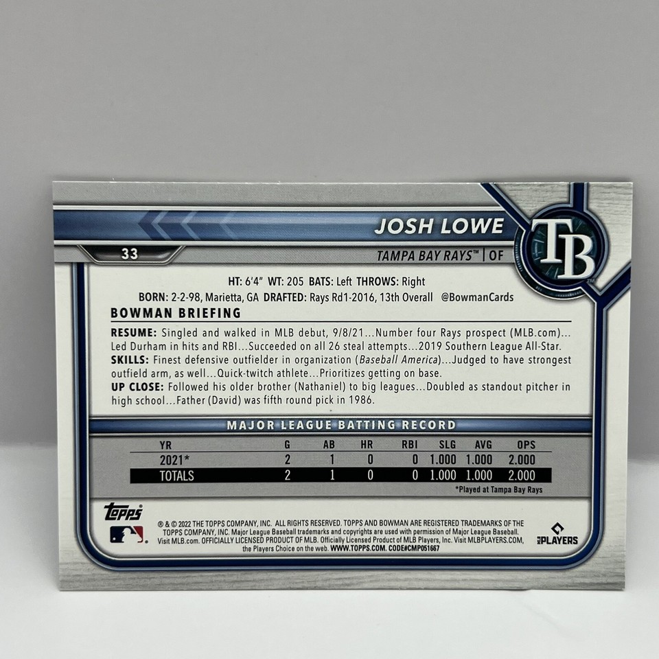 2022 Topps Bowman Baseball Josh Lowe Base RC #33 Tampa Bay Rays | eBay