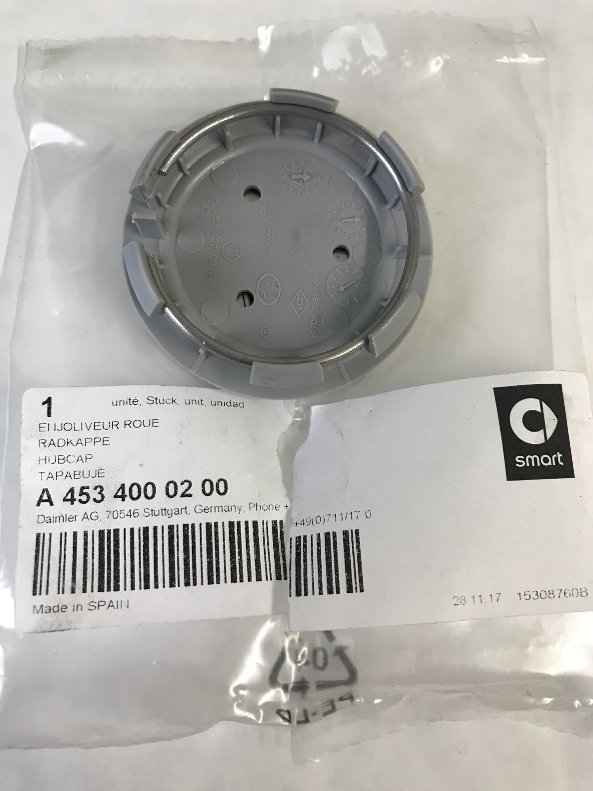 Genuine Smart 453 Fortwo x1 Black/Sliver Hub Alloy Wheel Centre Cap ...