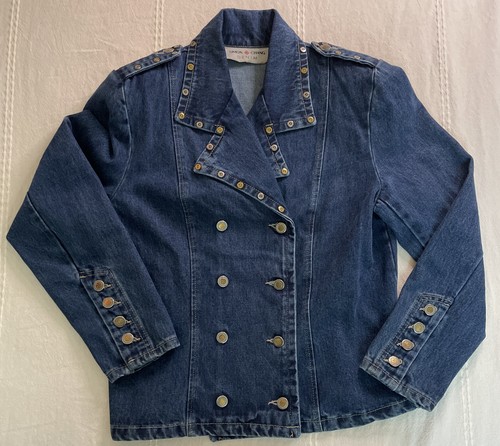 Simon Chang Denim Jean Jacket Double Breasted Military Women Size 10 MED Studded | eBay