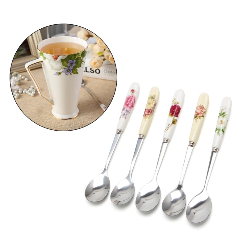 1PC Flower Ceramic Handle Stainless Steel Tea Coffee Ice Cream Spoon ...
