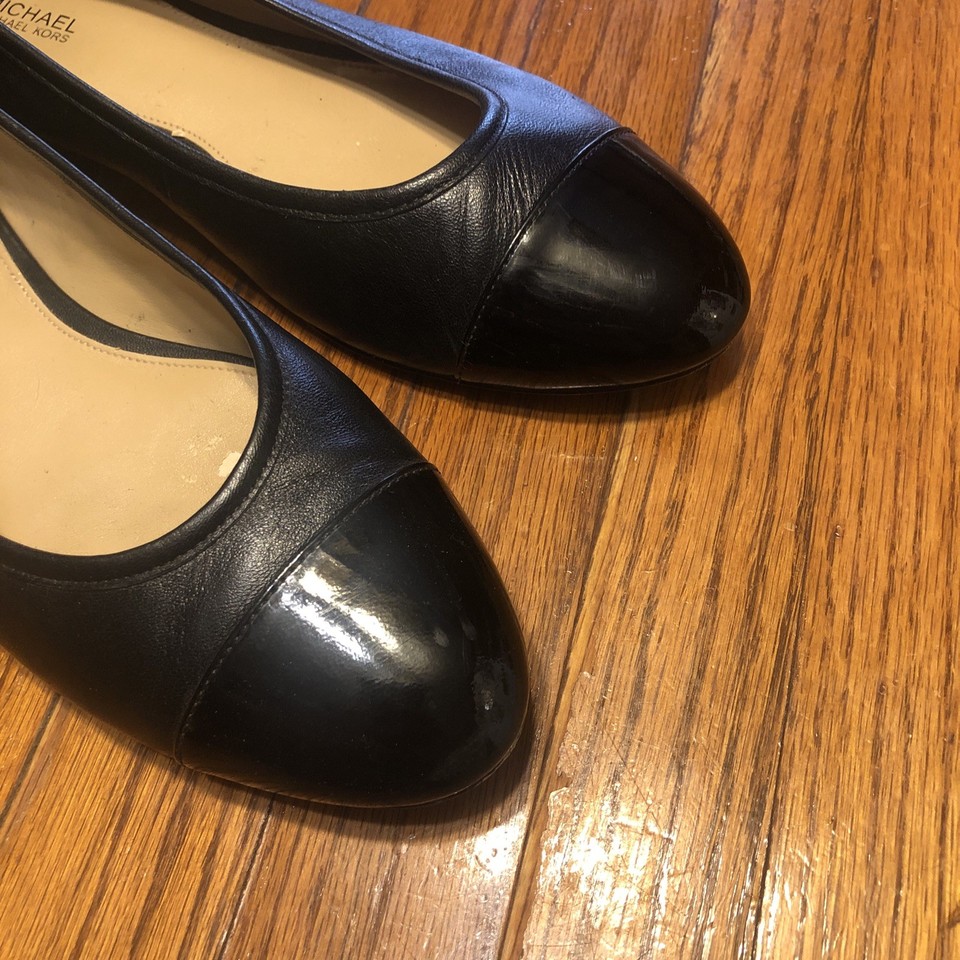 Michael Michael Kors Chain Heel Black Leather Cap Toe Flats Size 9M | eBay