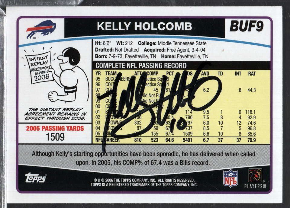 Kelly Holcomb Bills Autographed 2006 Topps #9 w/COA 101623NPCD98 | eBay