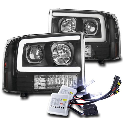 FOR 99-04 FORD F250 F350 SUPERDUTY LED TUBE PROJECTOR HEADLIGHT BLACK W ...