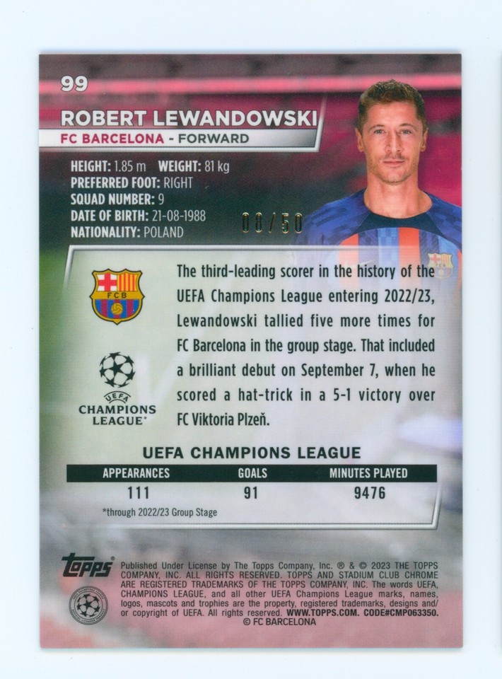 2022-23 Robert Lewandowski Topps Stadium Club Chrome Gold Prism Card 8/ ...