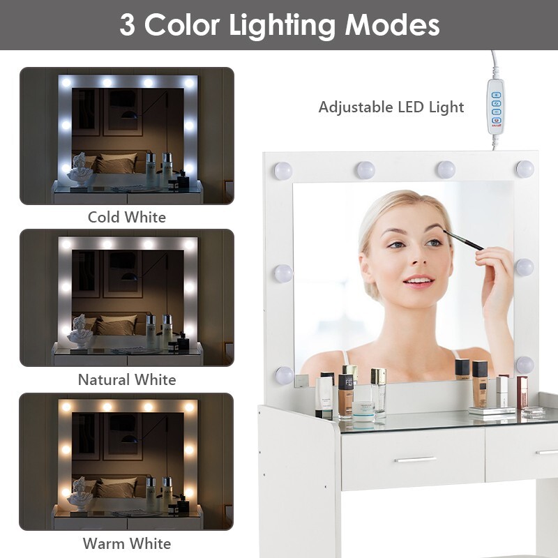Dressing Table with LED Lighted Mirror Makeup Lady Dresser Desk Table ...