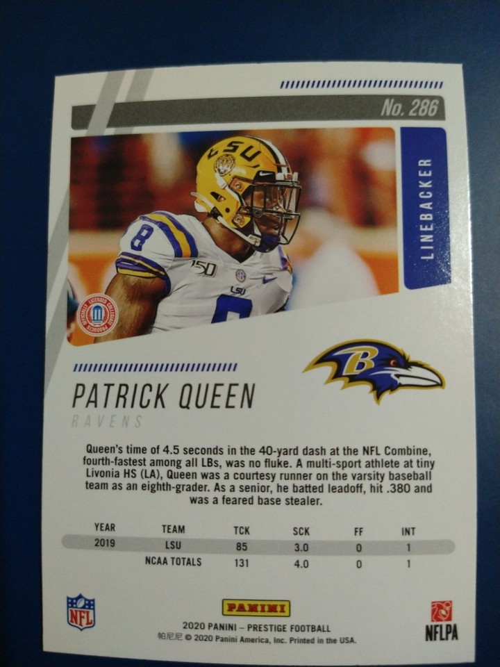 2020 Panini Prestige PATRICK QUEEN RC Rookie #286 Baltimore Ravens LSU ...