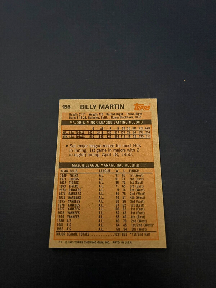 1983 Topps Baseball Billy Martin #156 HOF Set Break NM | eBay
