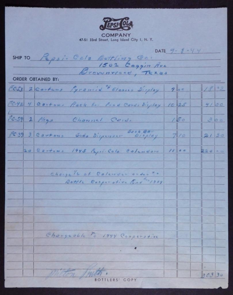 1944 Pepsi-Cola Invoice for Store Displays & Promo itmes $303.30 B8S3 ...