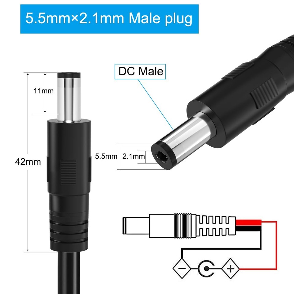 3Packs DC Power Pigtail Cable,DC Barrel Plug Connector 2.1mm x 5.5mm ...