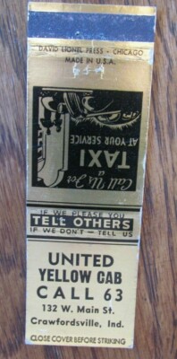 TAXI CAB: UNITED YELLOW CAB (CRAWFORDSVILLE INDIANA) (1950s MATCHBOOK ...