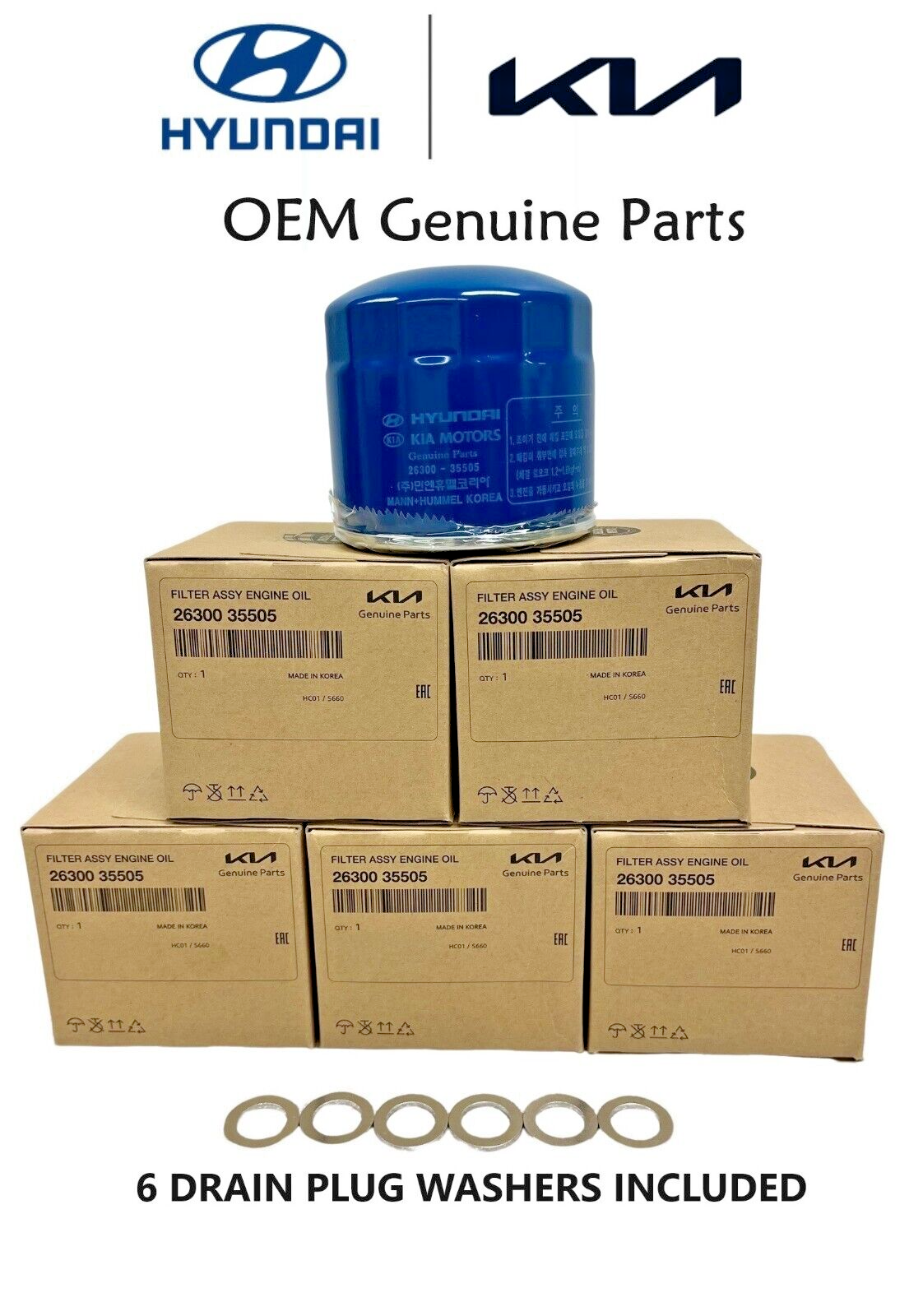 2005-2011 Hyundai Kia Oil Filter w/ Washer 6 Pack Bundle | 2630035505 ...