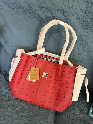 $695 MCM Red Leather Embossed Monogram Med Liz Reversible Shopper Tote ...