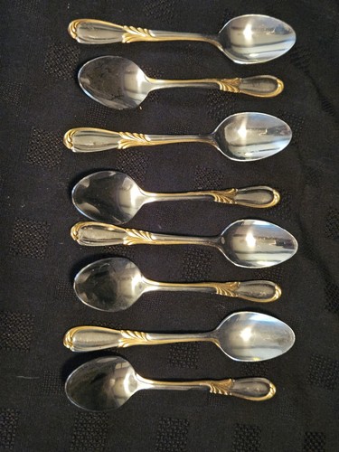 Rare Vtg 8 Serving Spoons Stainless Gold Accent Linda By Retroneu ...