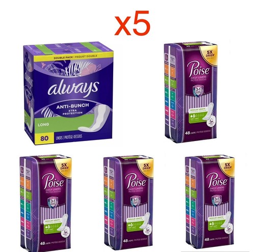 LOT x5 POISE ALWAYS DAILY PANTYLINERS LIGHT REG 3IN1 PROTECTION 272 ...