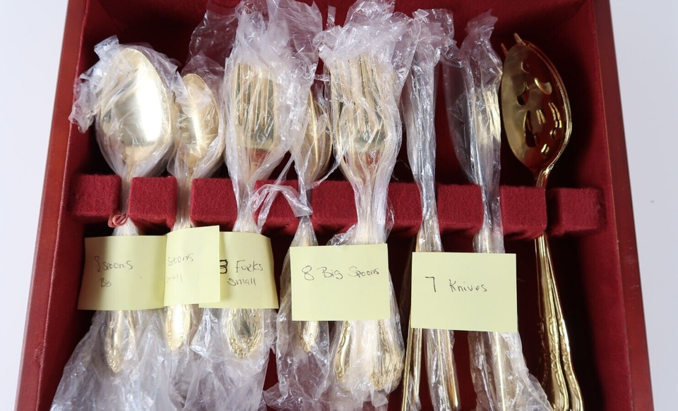 Prescott Forge - 44 Piece Gold Plated Flatware Set W/ Wooden Storage ...