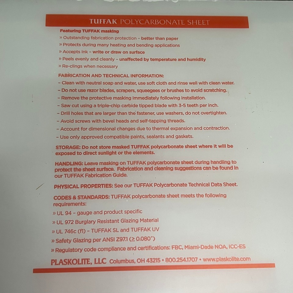 TUFFAK Clear Plastic Polycarbonate Sheet 96"x48"x1/4" (w/ White Peel ...