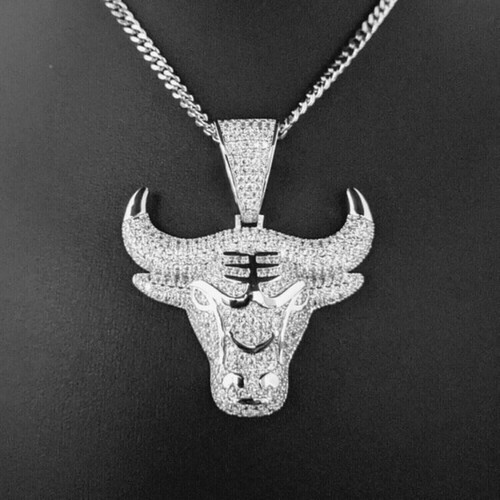 5.00Ct Round Lab Created Diamond Bull Men's Pendant 14K White Gold ...