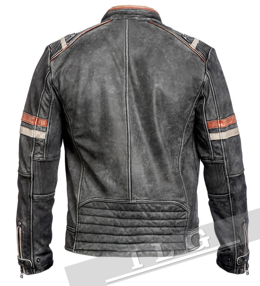 Men Vintage Biker Retro Motorcycle Cafe Racer Distressed Leather Jacket ...